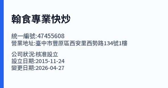 翰食專業快炒的照片-統編 47455608(臺中市) 公司登記資料與營業項目詳細圖表