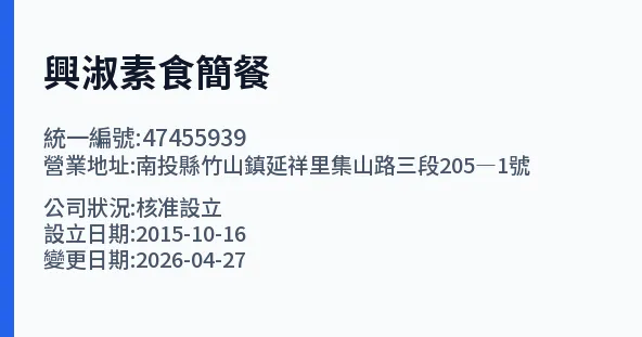 興淑素食簡餐的照片-統編 47455939(南投縣) 公司登記資料與營業項目詳細圖表