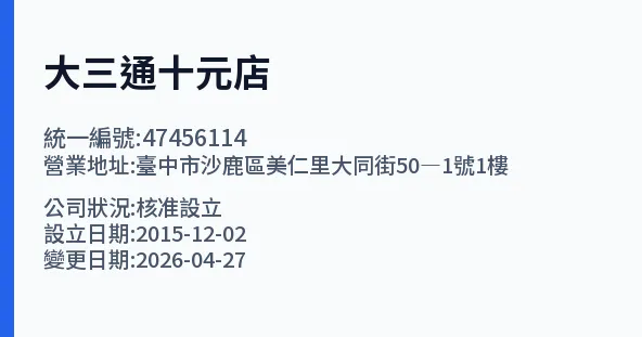 大三通十元店的照片-統編 47456114(臺中市) 公司登記資料與營業項目詳細圖表
