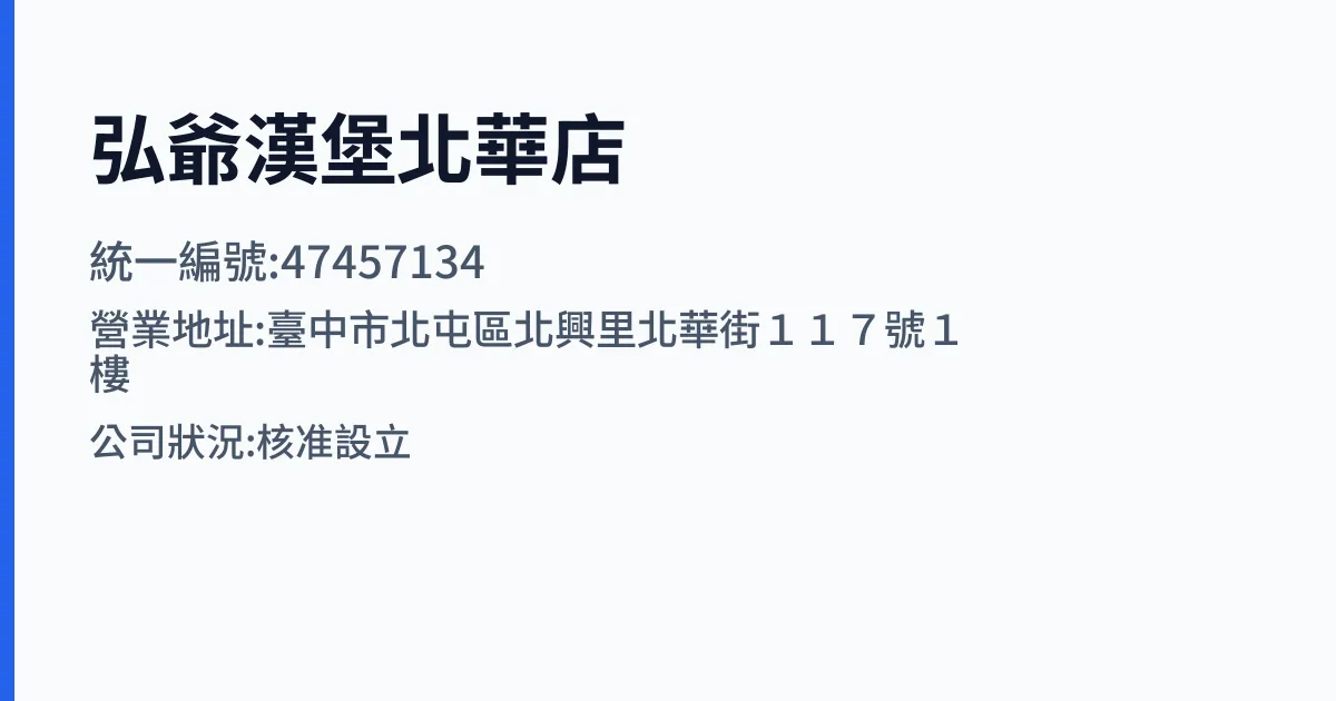 弘爺漢堡北華店 - 統編 47457134（臺中市） 公司登記資料與營業項目詳細圖表