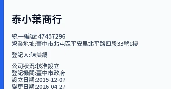 泰小葉商行的照片-統編 47457296(臺中市) 公司登記資料與營業項目詳細圖表