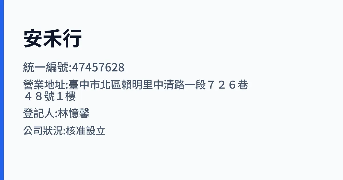 安禾行 - 統編 47457628(臺中市) 公司登記資料與營業項目詳細圖表