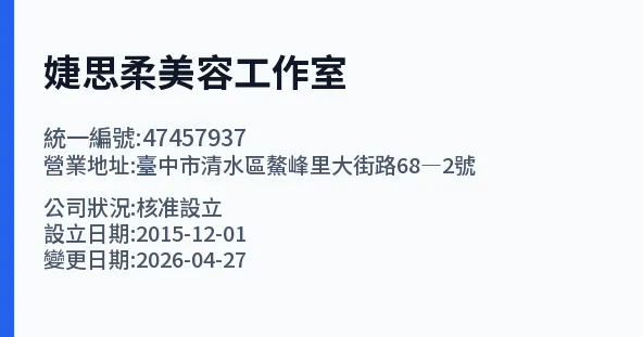 婕思柔美容工作室的照片-統編 47457937(臺中市) 公司登記資料與營業項目詳細圖表