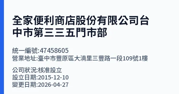 全家便利商店股份有限公司台中市第三三五門市部的照片-統編 47458605(臺中市) 公司登記資料與營業項目詳細圖表