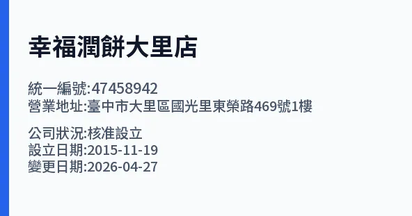 幸福潤餅大里店的照片-統編 47458942(臺中市) 公司登記資料與營業項目詳細圖表
