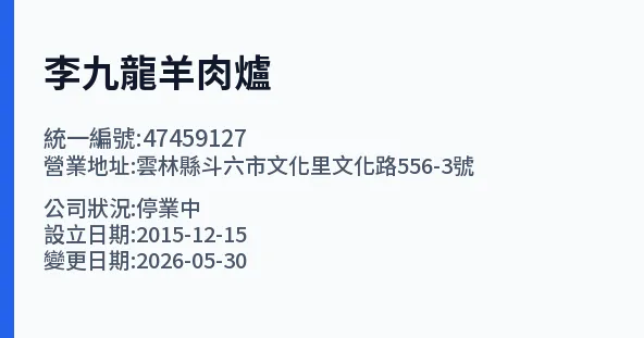 李九龍羊肉爐的照片-統編 47459127(雲林縣) 公司登記資料與營業項目詳細圖表