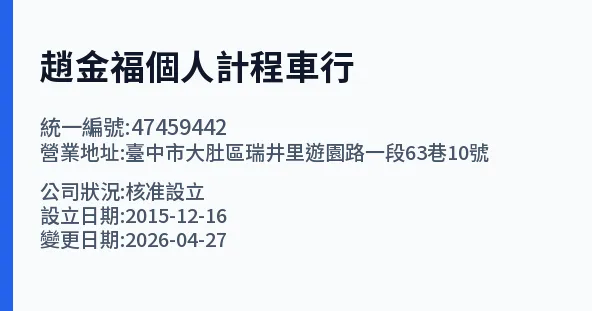 趙金福個人計程車行的照片-統編 47459442(臺中市) 公司登記資料與營業項目詳細圖表