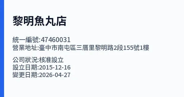 黎明魚丸店的照片-統編 47460031(臺中市) 公司登記資料與營業項目詳細圖表