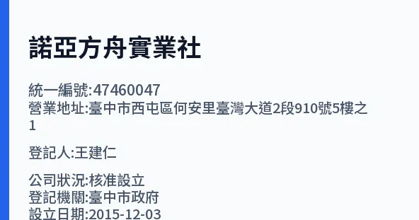 諾亞方舟實業社的照片-統編 47460047(臺中市) 公司登記資料與營業項目詳細圖表