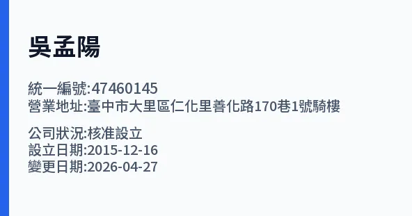吳孟陽的照片-統編 47460145(臺中市) 公司登記資料與營業項目詳細圖表