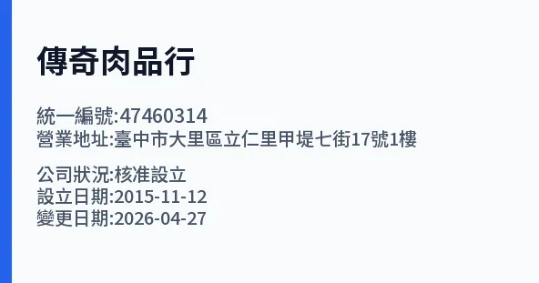 傳奇肉品行的照片-統編 47460314(臺中市) 公司登記資料與營業項目詳細圖表