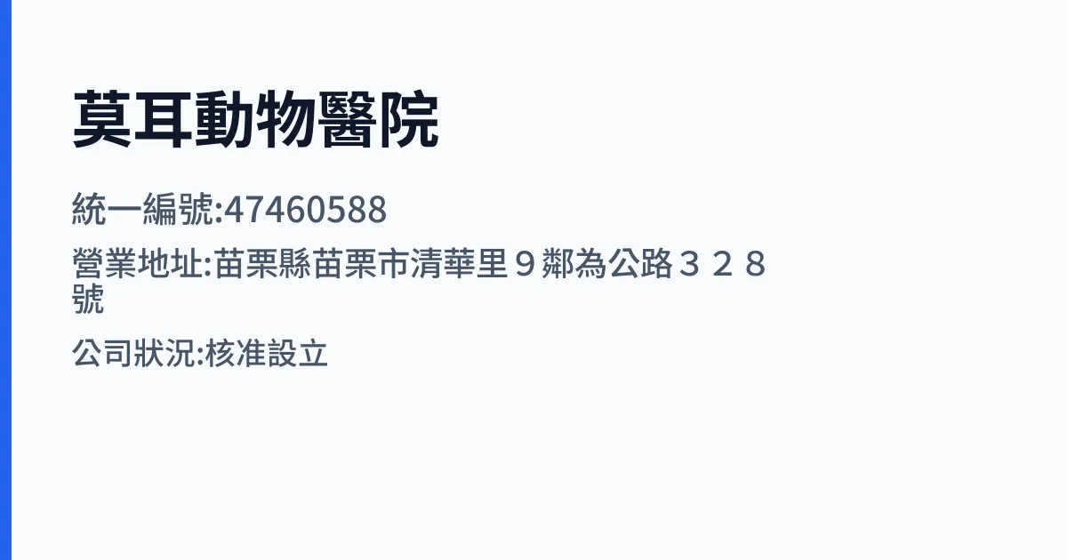 莫耳動物醫院 - 統編 47460588(苗栗縣) 公司登記資料與營業項目詳細圖表
