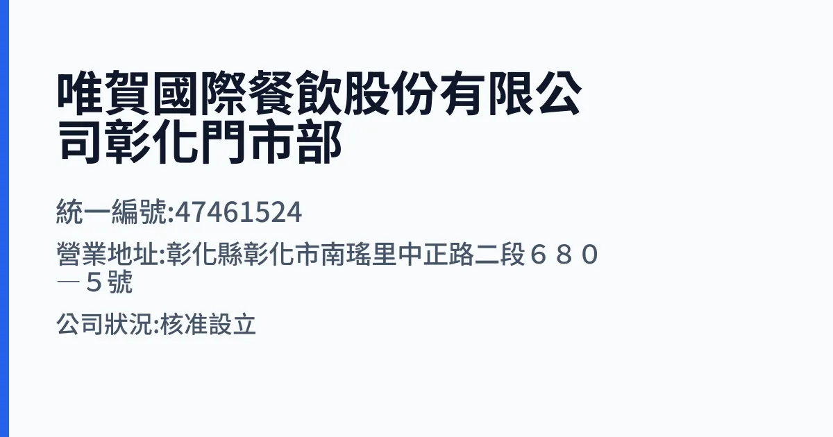 唯賀國際餐飲股份有限公司彰化門市部 - 統編 47461524(彰化縣) 公司登記資料與營業項目詳細圖表