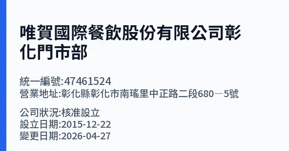 唯賀國際餐飲股份有限公司彰化門市部的照片-統編 47461524(彰化縣) 公司登記資料與營業項目詳細圖表