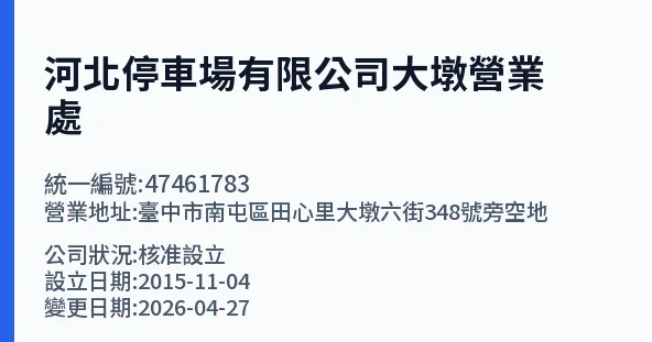 河北停車場有限公司大墩營業處的照片-統編 47461783(臺中市) 公司登記資料與營業項目詳細圖表
