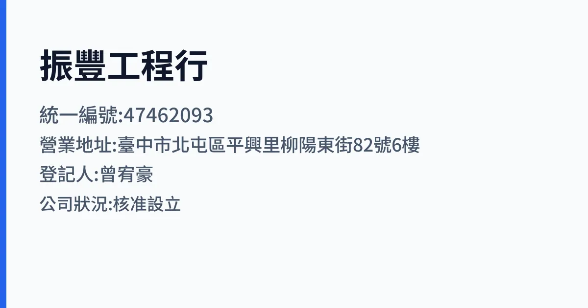 振豐工程行 - 統編 47462093(臺中市) 公司登記資料與營業項目詳細圖表