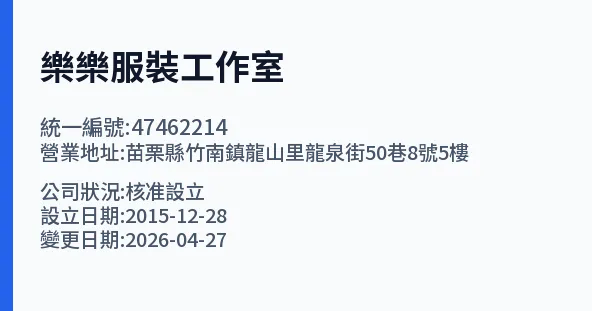 樂樂服裝工作室的照片-統編 47462214(苗栗縣) 公司登記資料與營業項目詳細圖表
