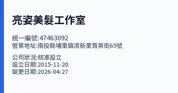 亮姿美髮工作室的照片-統編 47463092(南投縣) 公司登記資料與營業項目詳細圖表