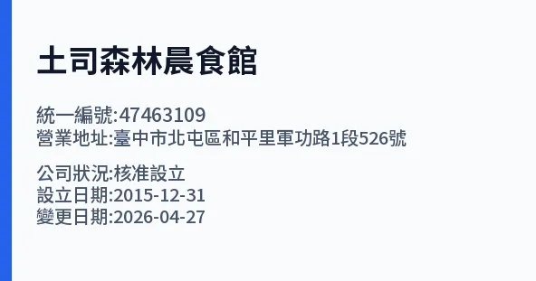土司森林晨食館的照片-統編 47463109(臺中市) 公司登記資料與營業項目詳細圖表
