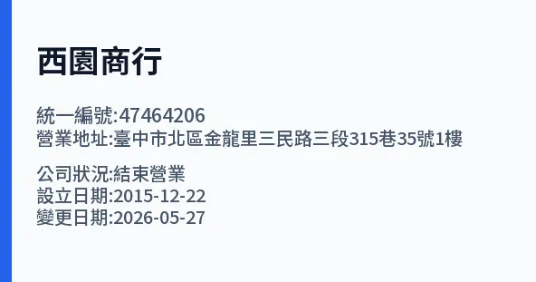 西園商行的照片-統編 47464206(臺中市) 公司登記資料與營業項目詳細圖表