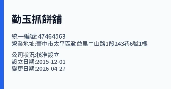 勤玉抓餅舖的照片-統編 47464563(臺中市) 公司登記資料與營業項目詳細圖表