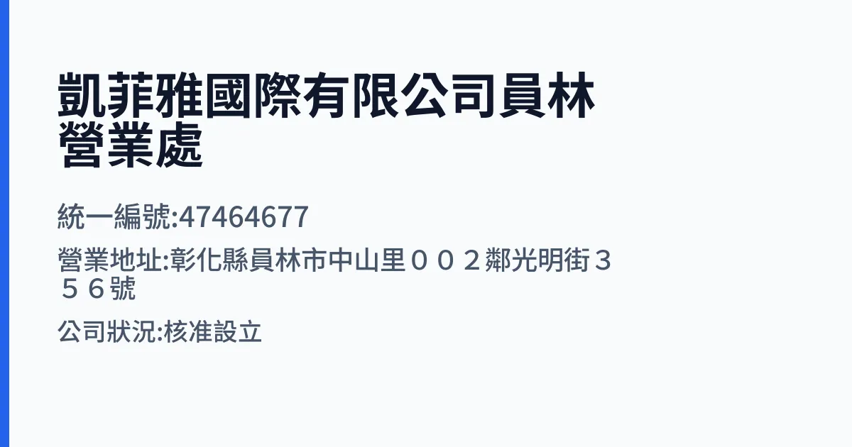 凱菲雅國際有限公司員林營業處 - 統編 47464677(彰化縣) 公司登記資料與營業項目詳細圖表