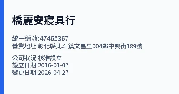 橋麗安寢具行的照片-統編 47465367(彰化縣) 公司登記資料與營業項目詳細圖表