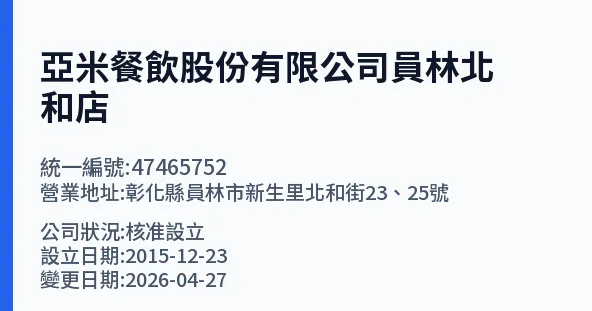 亞米餐飲股份有限公司員林北和店的照片-統編 47465752(彰化縣) 公司登記資料與營業項目詳細圖表