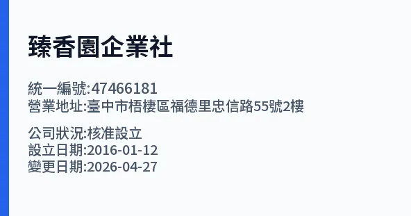 臻香園企業社的照片-統編 47466181(臺中市) 公司登記資料與營業項目詳細圖表
