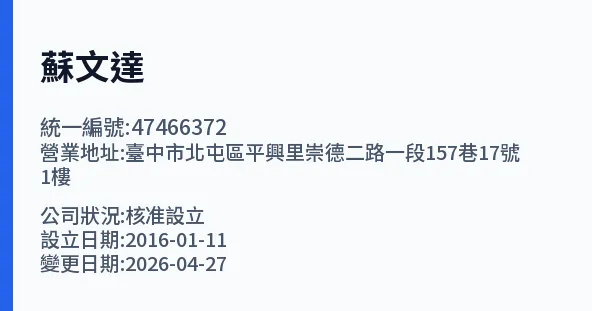 蘇文達的照片-統編 47466372(臺中市) 公司登記資料與營業項目詳細圖表