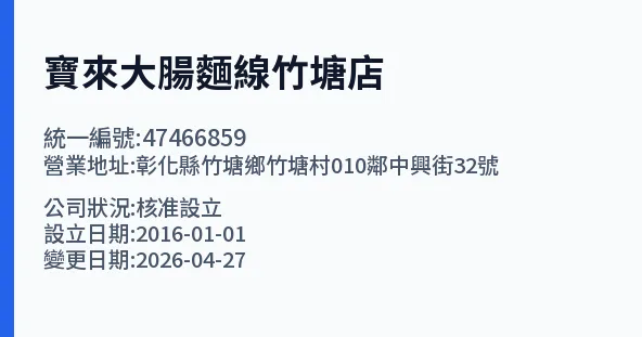 寶來大腸麵線竹塘店的照片-統編 47466859(彰化縣) 公司登記資料與營業項目詳細圖表