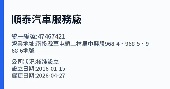 順泰汽車服務廠的照片-統編 47467421(南投縣) 公司登記資料與營業項目詳細圖表