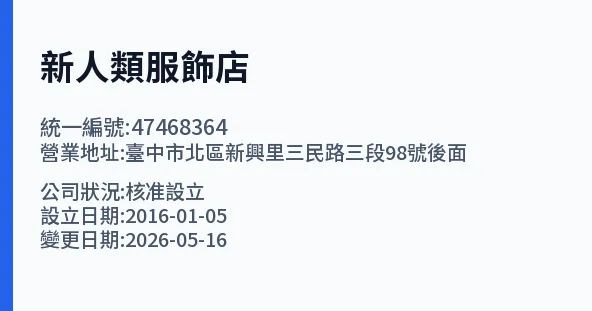 新人類服飾店的照片-統編 47468364(臺中市) 公司登記資料與營業項目詳細圖表
