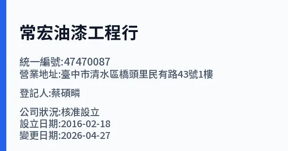 常宏油漆工程行的照片-統編 47470087(臺中市) 公司登記資料與營業項目詳細圖表