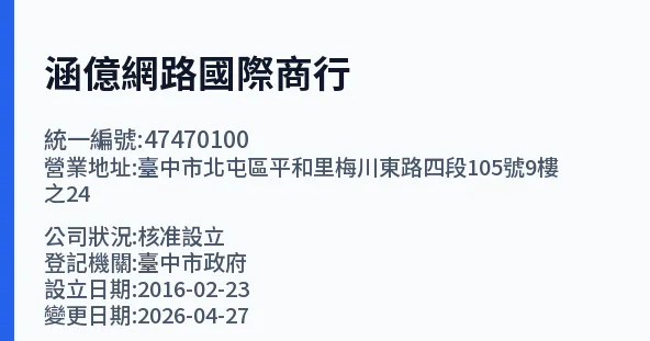 涵億網路國際商行的照片-統編 47470100(臺中市) 公司登記資料與營業項目詳細圖表