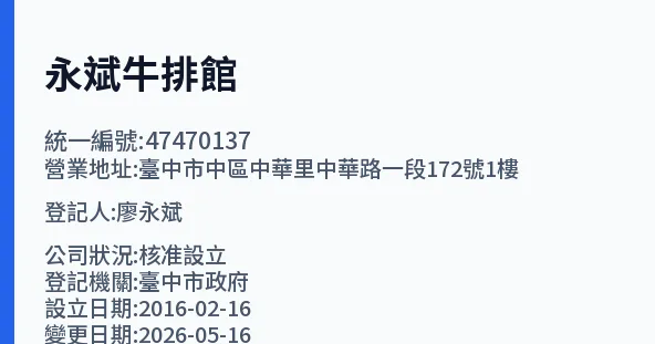 永斌牛排館的照片-統編 47470137(臺中市) 公司登記資料與營業項目詳細圖表