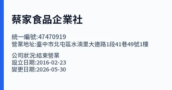 蔡家食品企業社的照片-統編 47470919(臺中市) 公司登記資料與營業項目詳細圖表