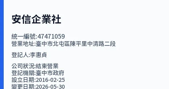 安信企業社的照片-統編 47471059(臺中市) 公司登記資料與營業項目詳細圖表