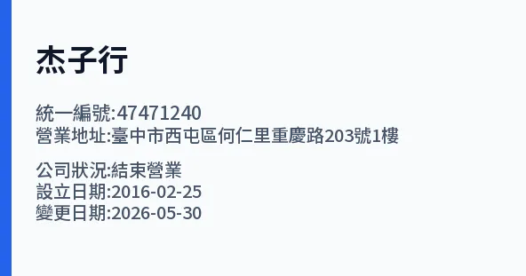 杰子行的照片-統編 47471240(臺中市) 公司登記資料與營業項目詳細圖表
