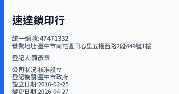 速達鎖印行的照片-統編 47471332(臺中市) 公司登記資料與營業項目詳細圖表