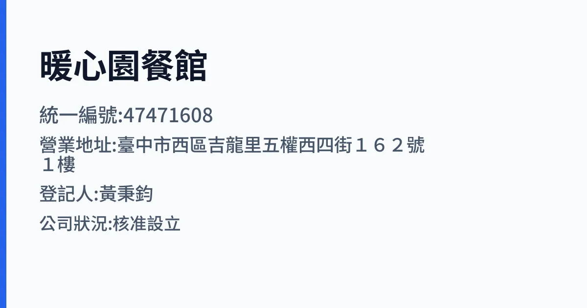 暖心園餐館 - 統編 47471608(臺中市) 公司登記資料與營業項目詳細圖表