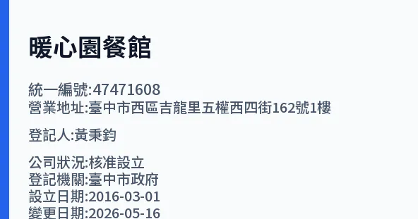 暖心園餐館的照片-統編 47471608(臺中市) 公司登記資料與營業項目詳細圖表