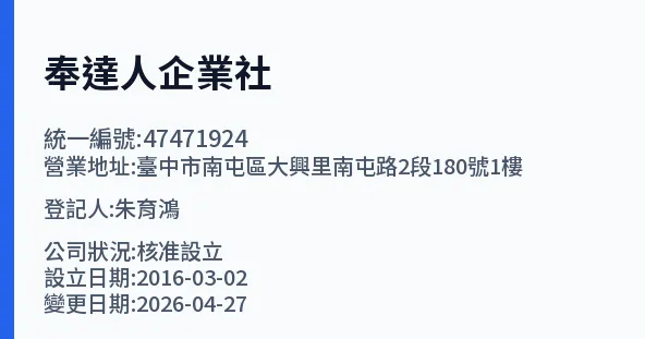奉達人企業社的照片-統編 47471924(臺中市) 公司登記資料與營業項目詳細圖表