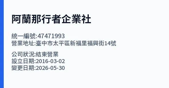 阿蘭那行者企業社的照片-統編 47471993(臺中市) 公司登記資料與營業項目詳細圖表