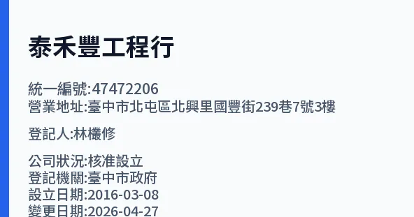 泰禾豐工程行的照片-統編 47472206(臺中市) 公司登記資料與營業項目詳細圖表