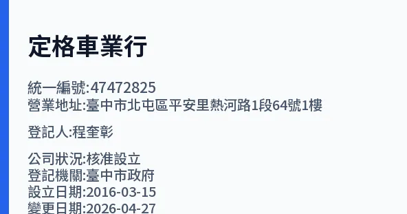 定格車業行的照片-統編 47472825(臺中市) 公司登記資料與營業項目詳細圖表