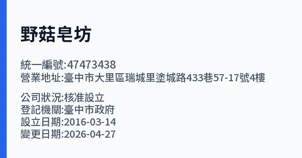 野菇皂坊的照片-統編 47473438(臺中市) 公司登記資料與營業項目詳細圖表