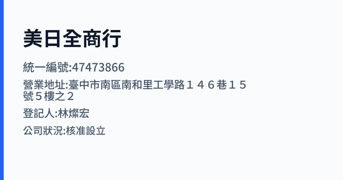 美日全商行 - 統編 47473866(臺中市) 公司登記資料與營業項目詳細圖表