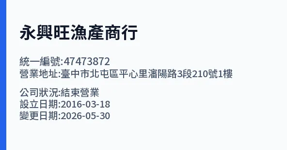 永興旺漁產商行的照片-統編 47473872(臺中市) 公司登記資料與營業項目詳細圖表