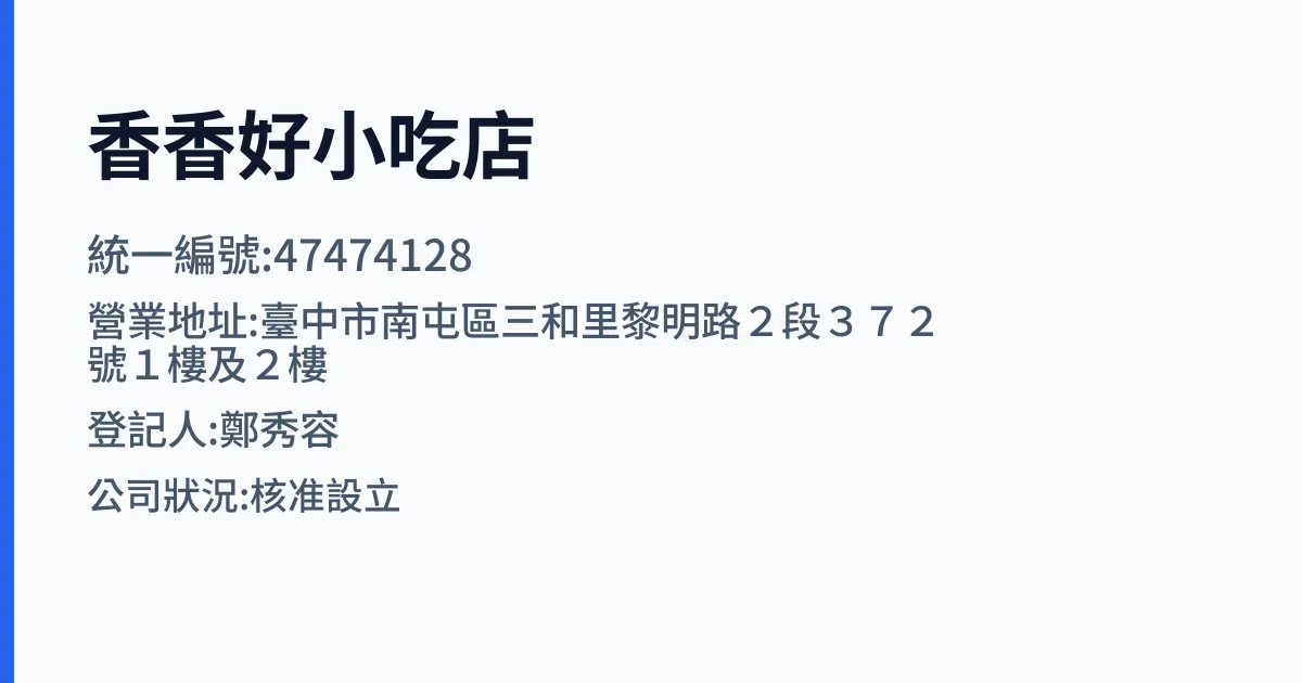 香香好小吃店 - 統編 47474128(臺中市) 公司登記資料與營業項目詳細圖表
